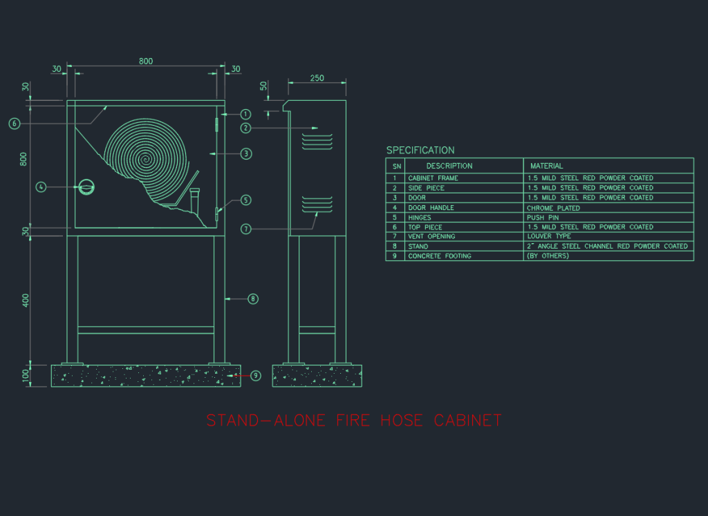 Stand Alone Fire Hose Cabinet AutoCAD Drawing | Equipment Design